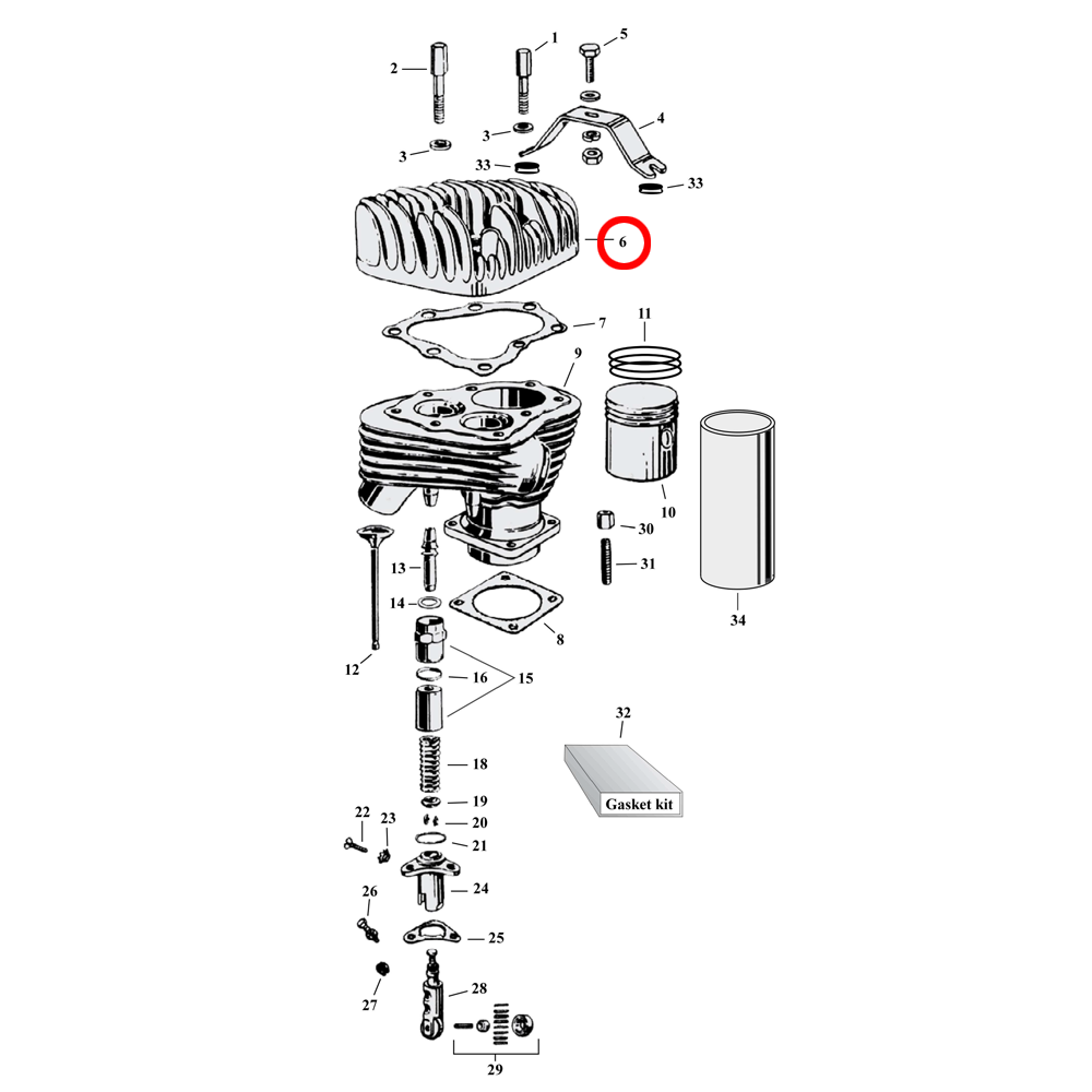 Cilinderonderdelendiagram, explosietekening voor Harley 45" Flathead