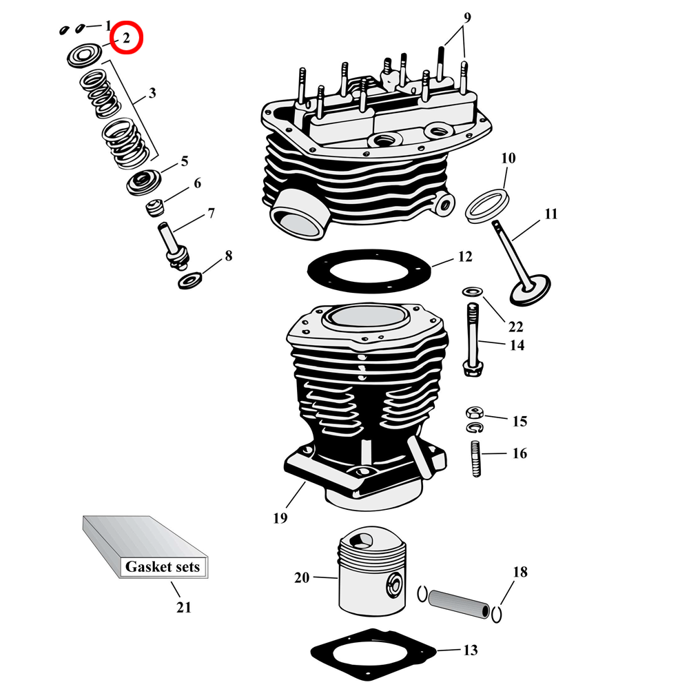 Cilinderonderdelendiagram met explosietekening voor Harley Panhead