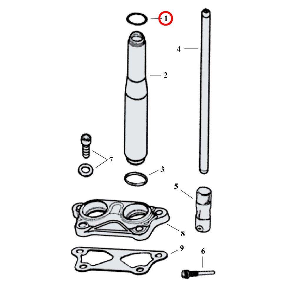 Duwstang-onderdelendiagram met explosietekening voor 04-22 Harley Spor